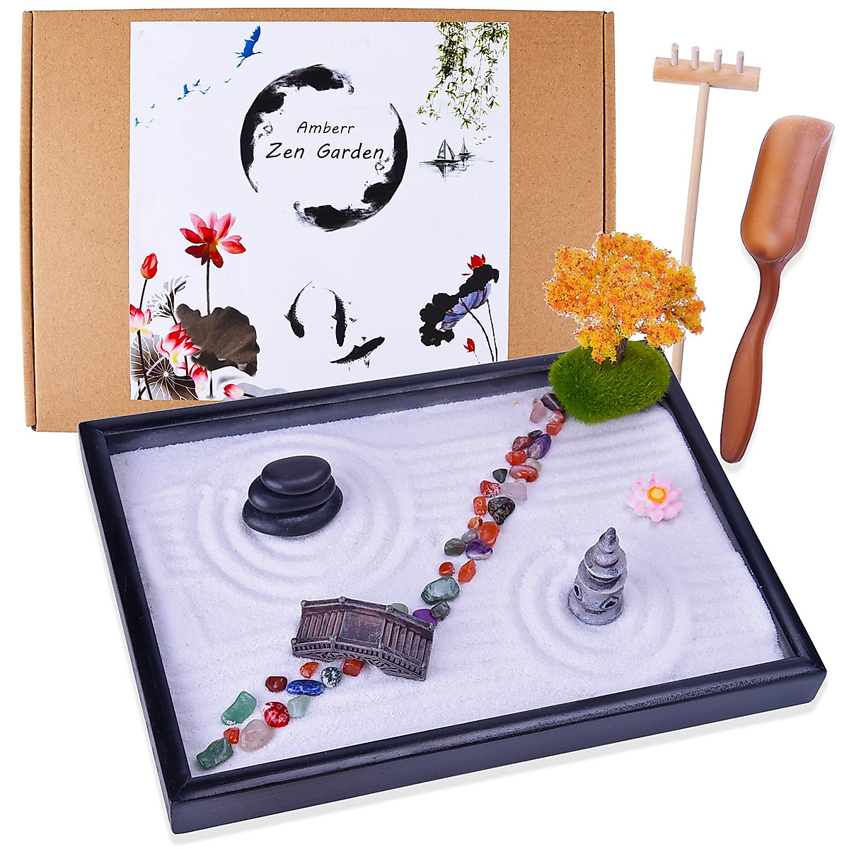 Japanese Zen Garden Kit - Mini Garden with Rock Bridge Pagoda Maple Trees Agate Stones - Meditation Gift Set for Relaxation - Home & Office Desk Decor with Rake Tools and Zen Accessories,Black