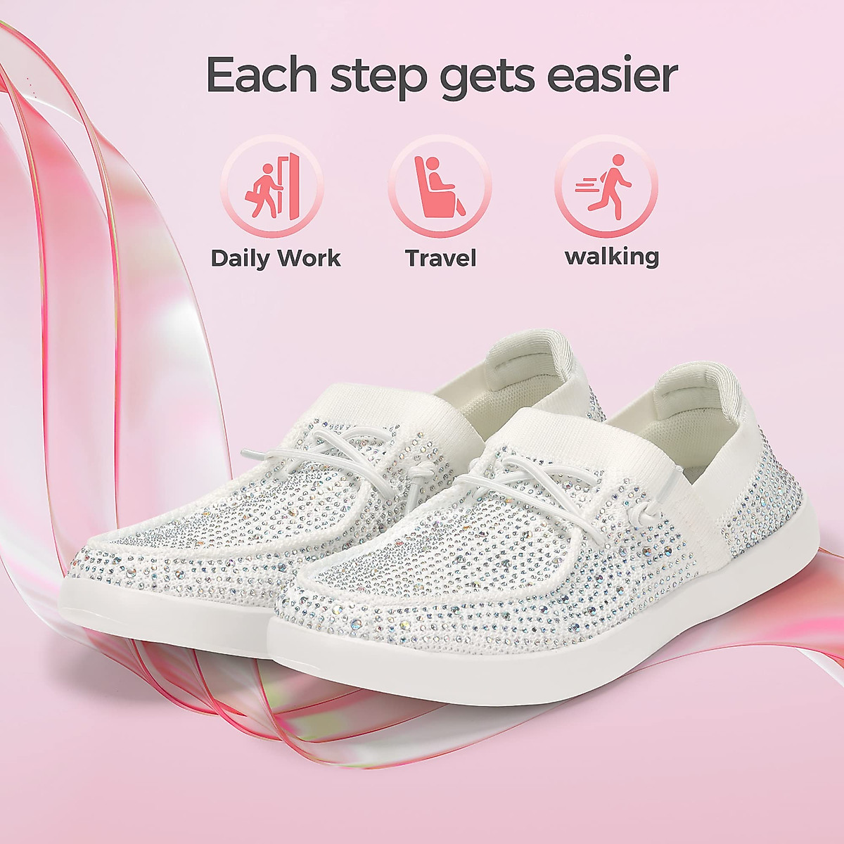 BELOS Women's Rhinestone Lace Up Loafers Shoes Comfortable Slip On Mesh Knit Walking Shoes Fashion Lightweight Sparkly Glitter Sneaker(White,8.5