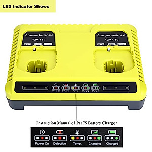 2 Ports P117 Dual Chemistry IntelliPort Battery Charger for 12V-18V MAX Ryobi ONE+ Plus Lithium NiCad NiMh Battery P102 P103 P107 P108 P109 P189 P190 PBP002 PBP005