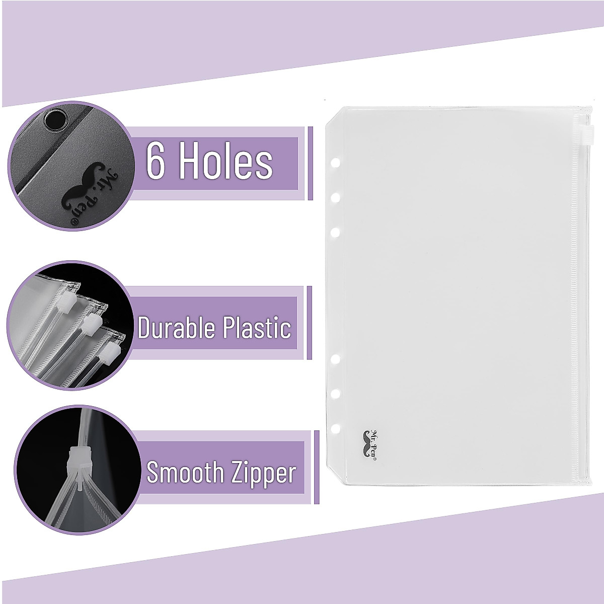 Mr. Pen A5 Plastic Binder Pockets, 8 Pieces, 6 Ring Binder Holes, 8 Pcs, Clear Envelopes for Cash, Money Organizer, Lightweight, Easy to Carry