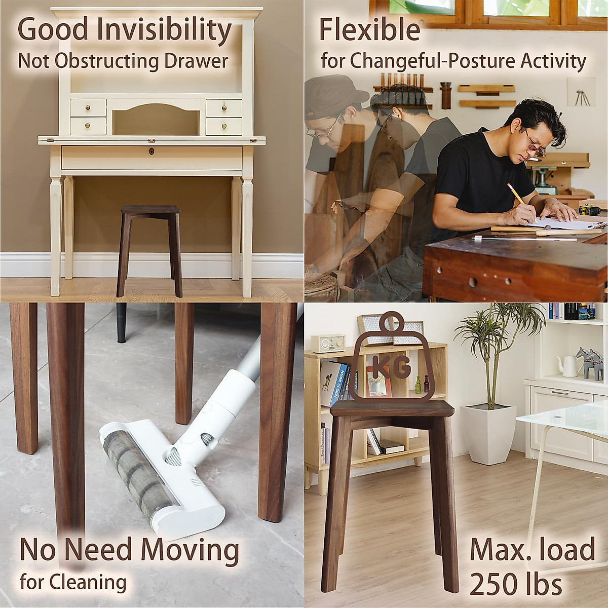 18-Inch Stackable Wooden Stool from Walnut Solid Wood, Stacking Backless Stool with Square Top Anti-Slip Felt Pad for Kitchen, Dining Room, Living Room, Office, Classroom, Workroom, Bedroom, Studio