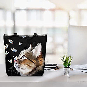 Cat Kitten Canvas Tote Bag for Women Reusable Grocery Bag with Zippered Top Butterfly Grocery Shopping Bags Beach Bag Book Bags Small