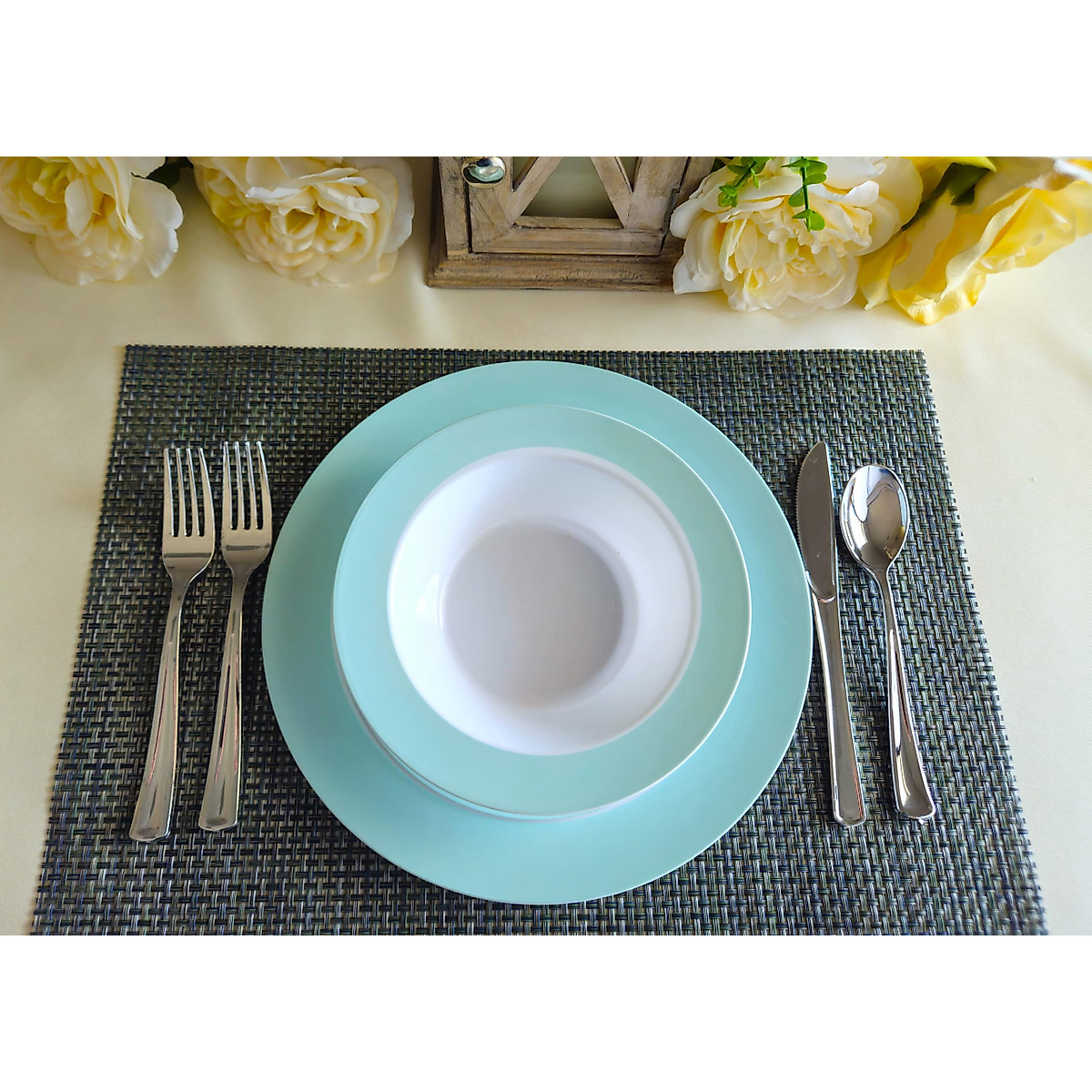 " OCCASIONS " 50 Plates Pack (25 Guests)-Wedding Party Disposable Plastic Plate Set -25x10.5'' Dinner + 25x7.5'' Salad/dessert plates (Rio, White & Pearled Turquoise Blue)