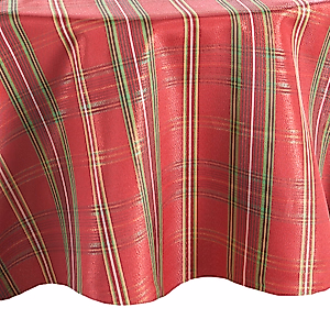 Elrene Home Fashions Shimmering Plaid Holiday Fabric Tablecloth, 60" x 84" Oval, Red
