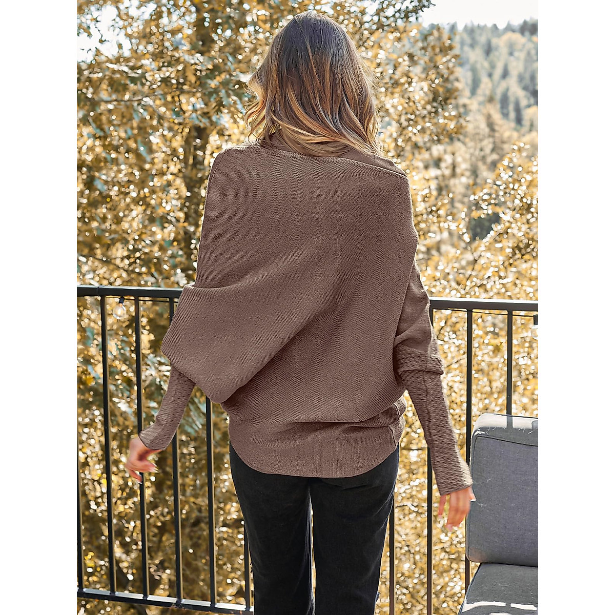 LILLUSORY Womens Batwing Oversized Sweaters Assymetrical Off The Shoulder Boat Neck Wrap Tunic Tops Fall Fashion Cloth Outfit Nutmeg Large