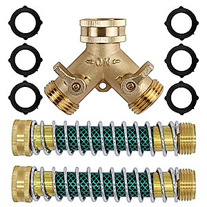 Triumpeek 3/4" Brass 2 Way Hose Splitter, Brass 2 Way Garden Hose Connector with 2 Pcs Garden Hose Coiled Spring Protectors and 6 Rubber Washers