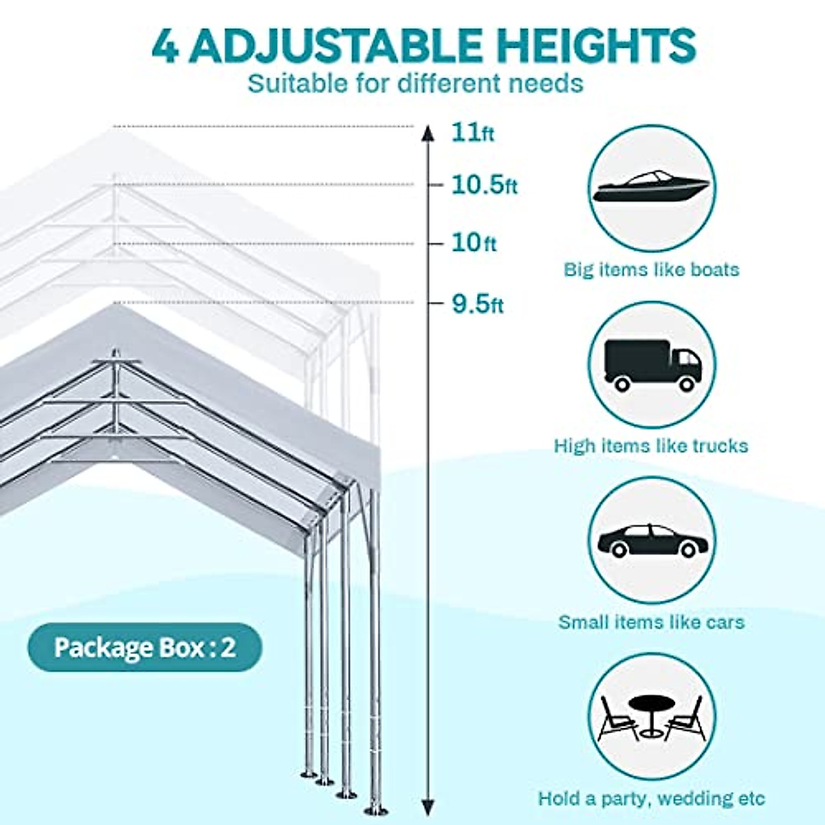 ADVANCE OUTDOOR Adjustable 10x20 ft Carport Heavy Duty Car Canopy Garage Party Tent Outdoor Boat Shelter, with 8 Reinforced Poles and 4 Weight Bags, Adjustable Height from 9.5 ft to 11 ft, White
