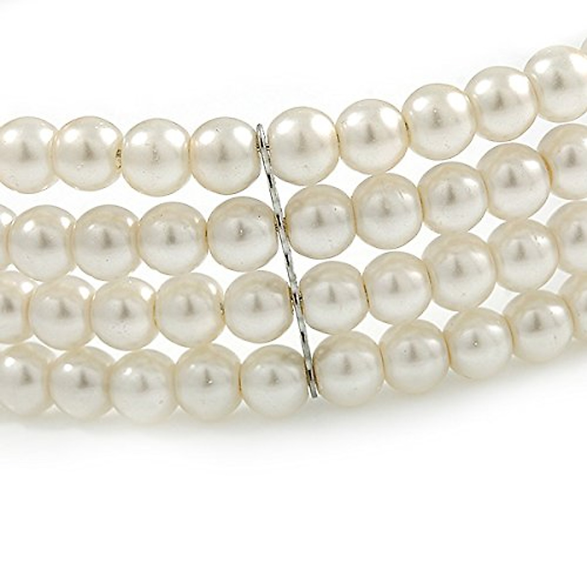 4 Row Light Cream Faux Glass Pearl Rigid Choker Necklace with Silver Tone Closure - 38cm L/ 5cm Ext