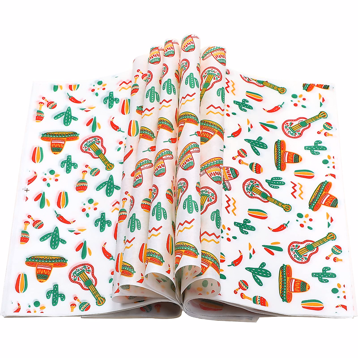 Epakh 300 Pcs Mexican Themed Deli Paper Sheets 12" x 12" Fun Style Tissue Greaseproof Microwave Safe Sandwich Wrapping Paper Food Waxed Paper Baking Wrapping Packaging for Restaurant Burrito (White)