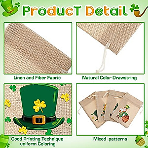 Riakrum 48 Pieces St. Patricks Day Burlap Gift Bags with Drawstring St. Patricks Day Shamrock Linen Goody Gift Bags Jute Treat Candy Bags for St. Patrick's Day Party Supplies, 4 Different Designs
