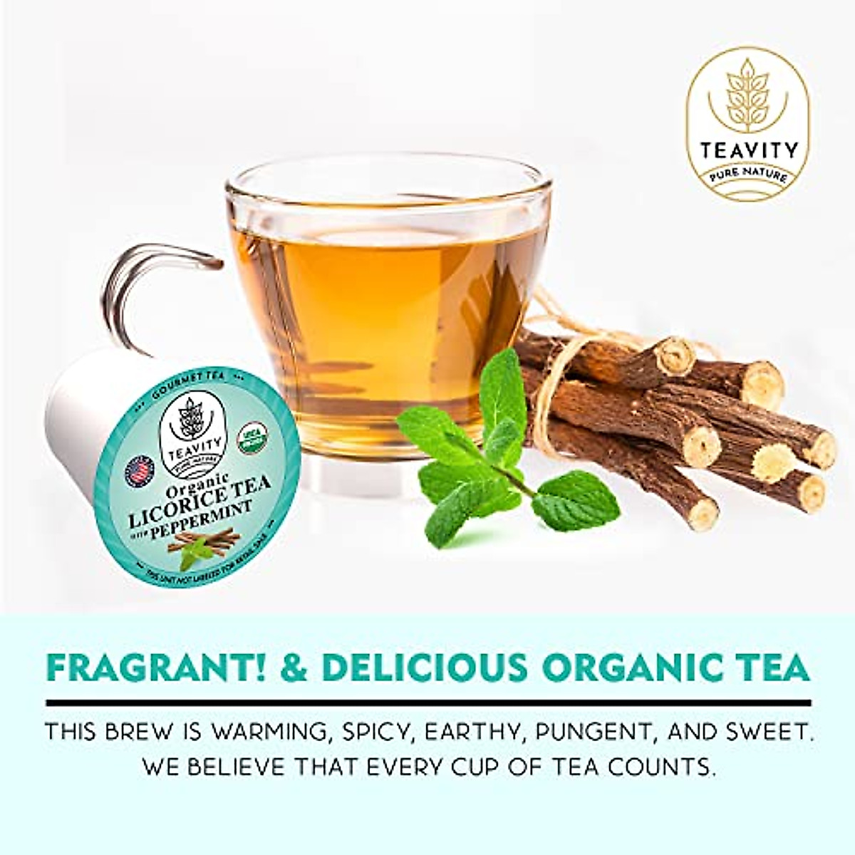 Organic Licorice Mint Tea Pods Made with Organic Egyptian Licorice Tea - Decaf Tea Pods for Keurig K cup Brewers | Herbal Tea Pods | Licorice Root Tea Organic by Teavity (Organic Licorice Mint Tea, 24 Count)
