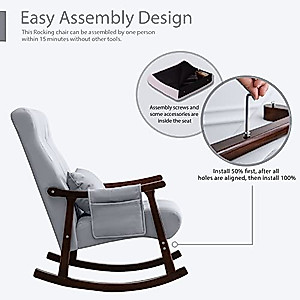 Prahalum Nursery Rocking Chairs Glider, Rocker Chair with High Back Tufted Design, Comfy Nursing Armchair for Mom, Side Pocket, Lumbar Pillow, Leathaire, Light Gray