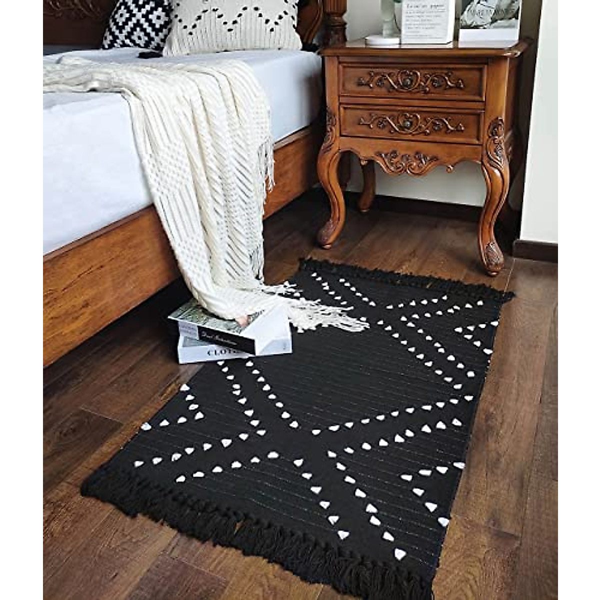 Boho Kitchen Rug 2'x3' Small Bathroom Rug with Tassels,Black Cotton Moroccan Farmhouse Bath Mat Woven Cute Geometric Throw Rug Washable for Entry Hallway Sink Bedroom Living Room Indoor Outdoor Decor