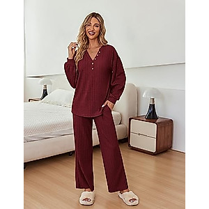 Ekouaer Womens Long Sleeve Knit Lounge Set Casual Sweater Slouchy Pajama Set Cozy Loose Loungewear for Winter with Pockets (Wine Red, M)