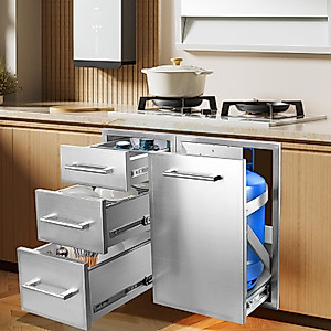 Globamboo Outdoor Kitchen Drawer Combo, BBQ Access Trash Drawer Combo with Propane Tank Tray, Outdoor Kitchen for BBQ Island, Grilling Station, Outside Cabinet (29.5" WX22.6 HX21.7 D)（Left Drawer）