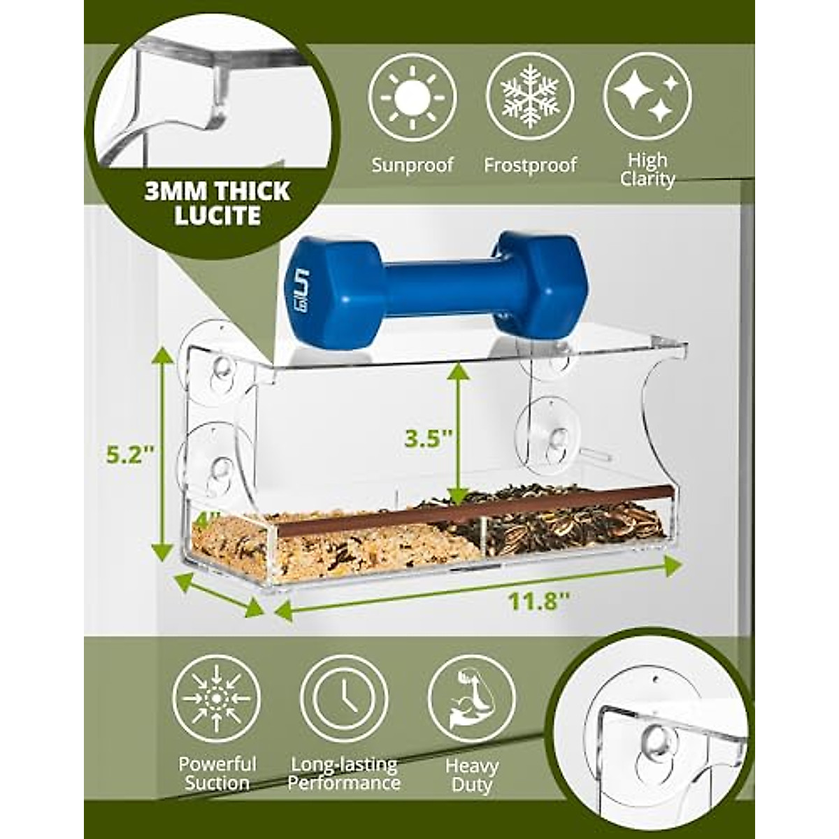 Nature's Envoy Window Bird Feeder – Clear View for Birdwatching - Strong Suction Cups for Outside - Slide Out Seed Tray w/Drain Holes for Easy Refill & Clean - Acrylic Outdoor Feeder for Wild Birds