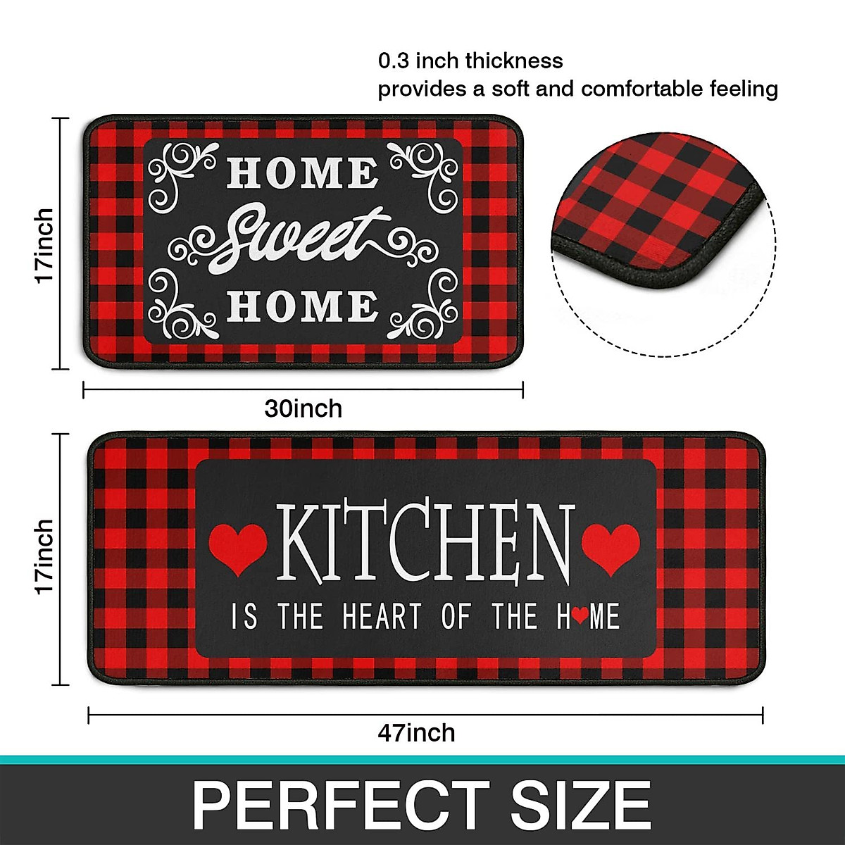 Sianseir Red and Black Buffalo Plaid Kitchen Mat Set of 2, Non Slip Washable Home Decor Kitchen Rugs and Mats for Floor Comfort Standing Mats for Kitchen, Sink, Office, Laundry 17"x47"+17"x30"