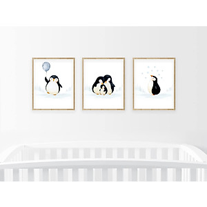 bumbleboo Baby Penguin Nursery Wall Prints, Play Room Decoration, Nursery Wall Art, Nursery Room Decor, Penguin Family Print Set, Unframed, Set of 3 Prints, 8x10 (Blue)