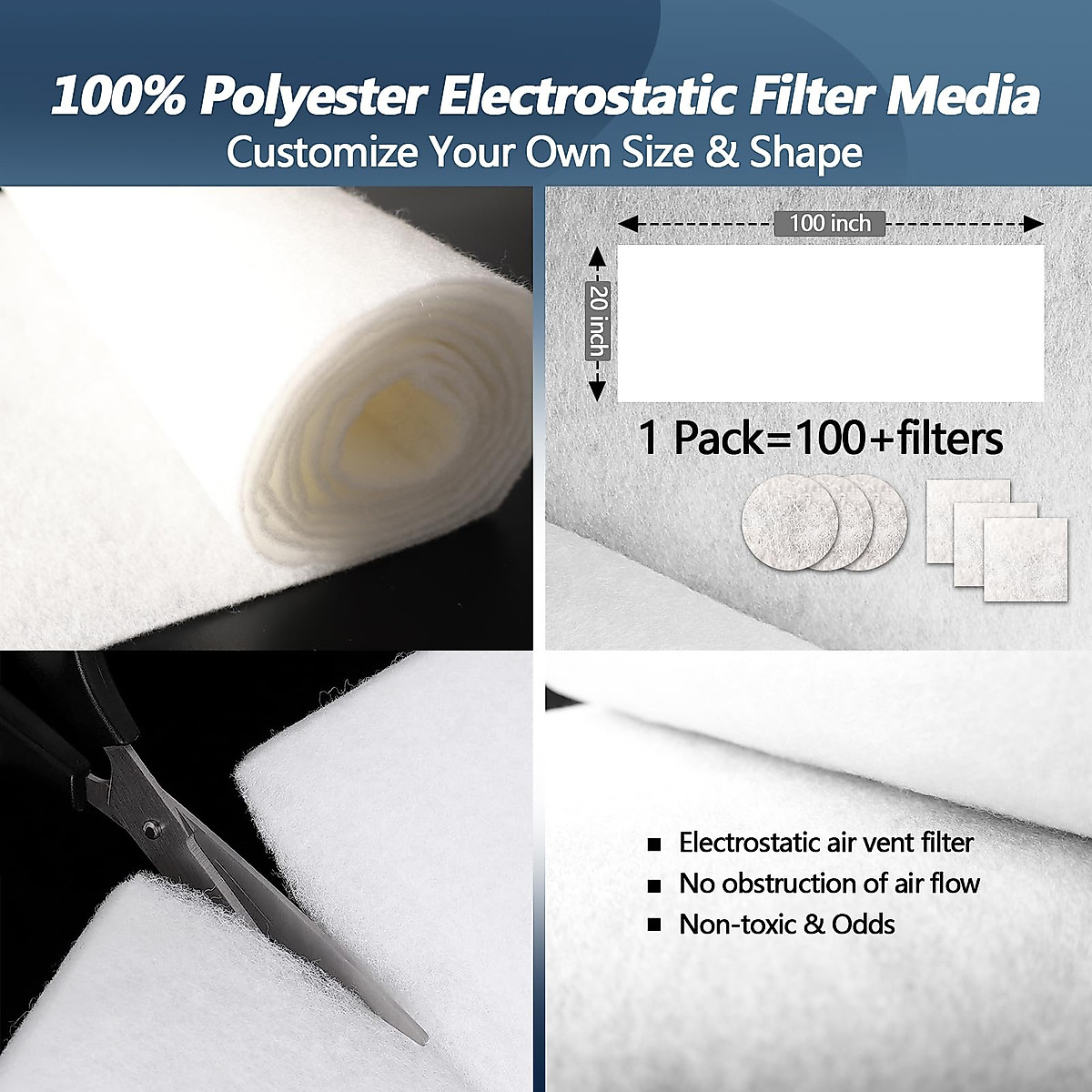 Air Vent Filter 20x100 Inch, Cut to Fit (50+filters) Air Filter, Electrostatic Filter Media with 36 Inch Adhesive Tape and 48pcs Velcro for Air Vent, Air Conditioner, HVAC, Registers and Grilles