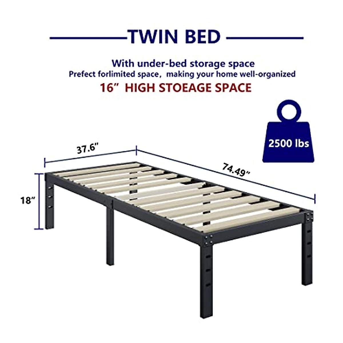 ZIYOO Twin Bed Frame 18 Inches Tall 3 Inches Wide Wood Slats with 2500 Pounds Support, No Box Spring Needed for Foam Mattress, Underbed Storage Space, Easy Assembly, Noise Free