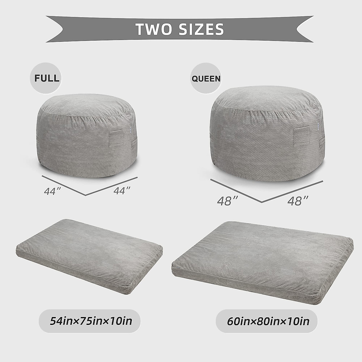 Homguava Chenille Bean Bag Chair, Variable Shape from Bean Bag to Matress, Convertible Beanbag Chair for Home, Living Room(Full, Grey)