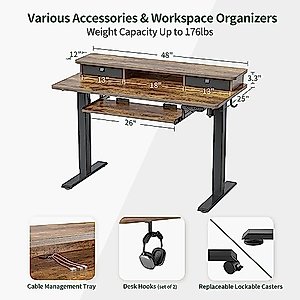 BANTI 48'' Height Adjustable Electric Standing Desk with Keyboard Tray, Home Office Desk Computer Workstation with Storage Shelf, Sit Stand Desk, Rustic Top