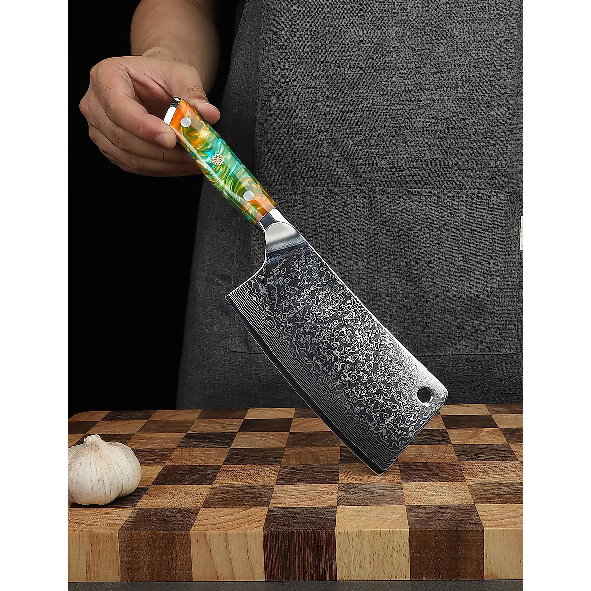 SANMUZUO Chopping Knife - 7 inch Cleaver Knife- Xuan Series - VG10 Damascus Steel Kitchen Knife - Resin Handle (Fantasy Orange)