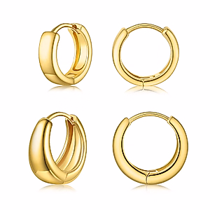 2 Pairs 14k Gold Filled Huggie Hoop Earrings Set Small Gold Hoop Earrings Hypoallergenic Dainty Tiny Cartilage Earrings Minimal Chunky Cuff Earrings For Women (Gold hoop)