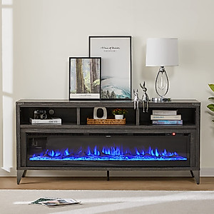 AMERLIFE 65" Fireplace TV Stand with 60" Glass Electric Fireplace, Industrial & Farmhouse Media Entertainment Center with Open Shelve Storage for TVs Up to 75", TV Console for Living Room, Gray