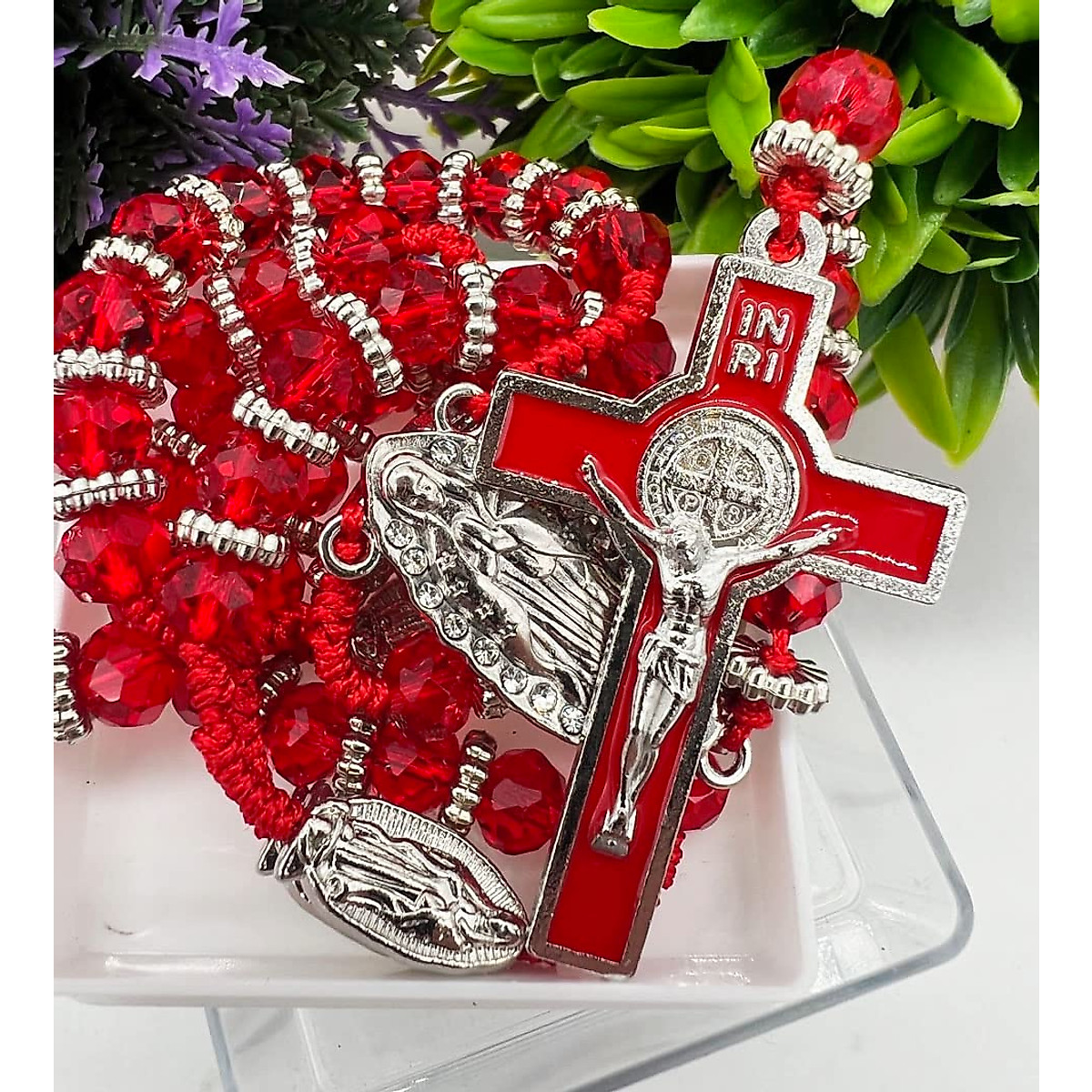 Bead Rosary Necklace with Crucifix and Our Lady of Guadalupe Medal Red Beads Catholic Prayer Rosaries Necklaces Jewelry for Boys Men Gifts Box (Silver)