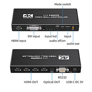 Video Wall Controller 2x2,HDMI 4K Video Wall Processor with RS232,180° Rotate Multiple TV Screens 1 Picture 8 Splicing Modes 1x1,2x2,1x2,1x3,1x4,2x1,3x1,4x1,4 TV Screens into 1 Wall Display