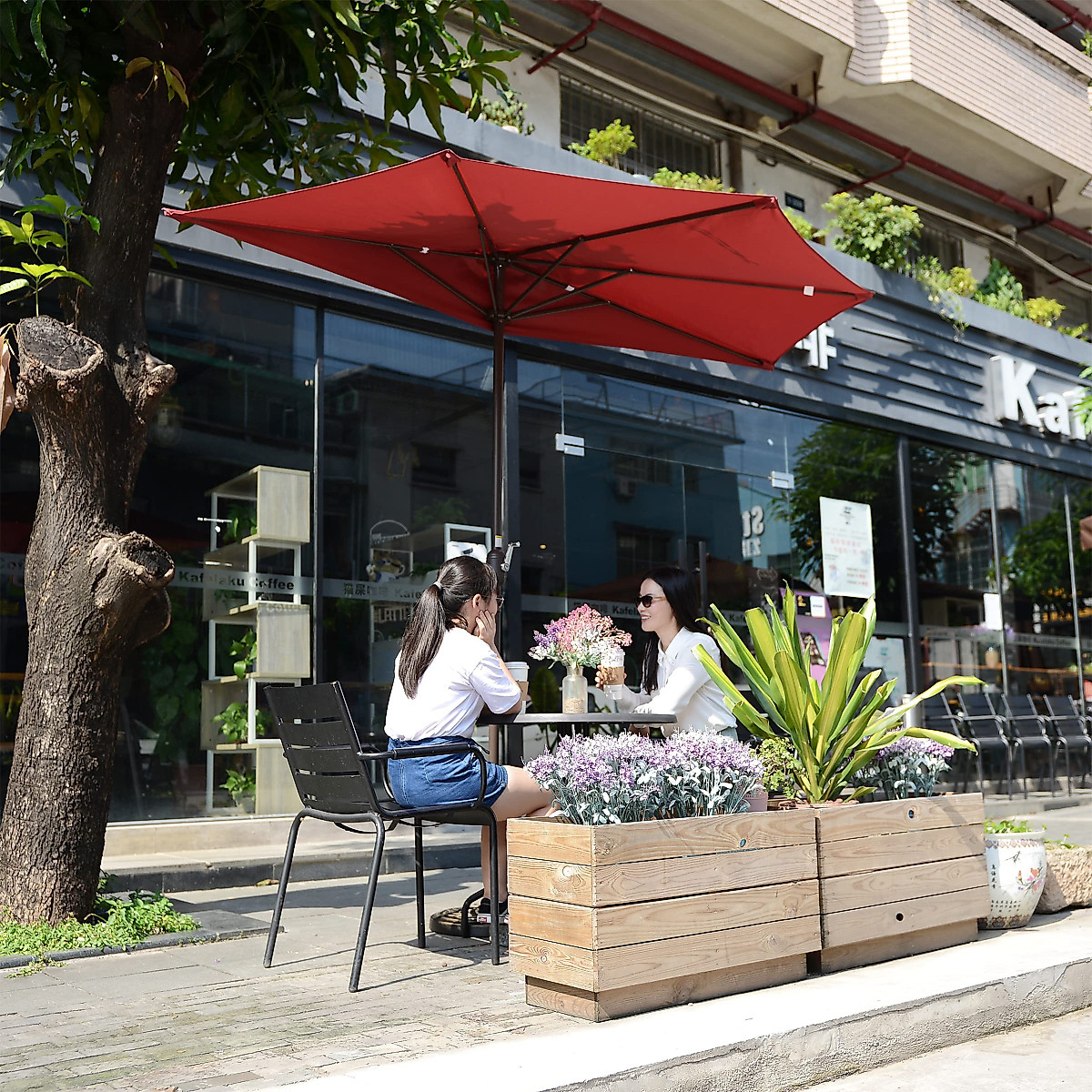 villacera 9' Outdoor Patio Half Umbrella with 5 Ribs, Fade Resistant Condo or Townhouse Umbrella in Red