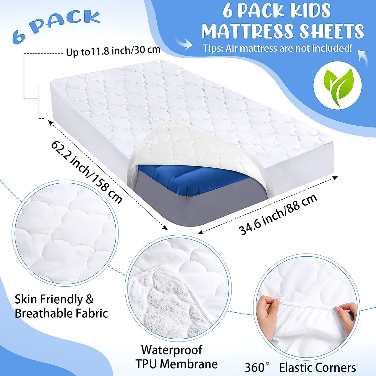 Fanfanwin 6 Pack Air Mattress Pad Sheets Cover Waterproof Mattress Protector Inflatable Airbed Fitted Sheets Soft Air Mattress Pad for Boys Girls Sleepover Party