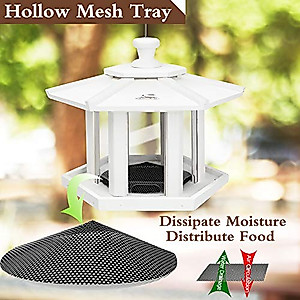 Solution4Patio White Wood Hexagon Gazebo Bird Feeder Hollow Mesh Tray, Large Capacity, Easy to Clean & Fill, 11.4" Dia. X 8.7" H #G-B121B00-US