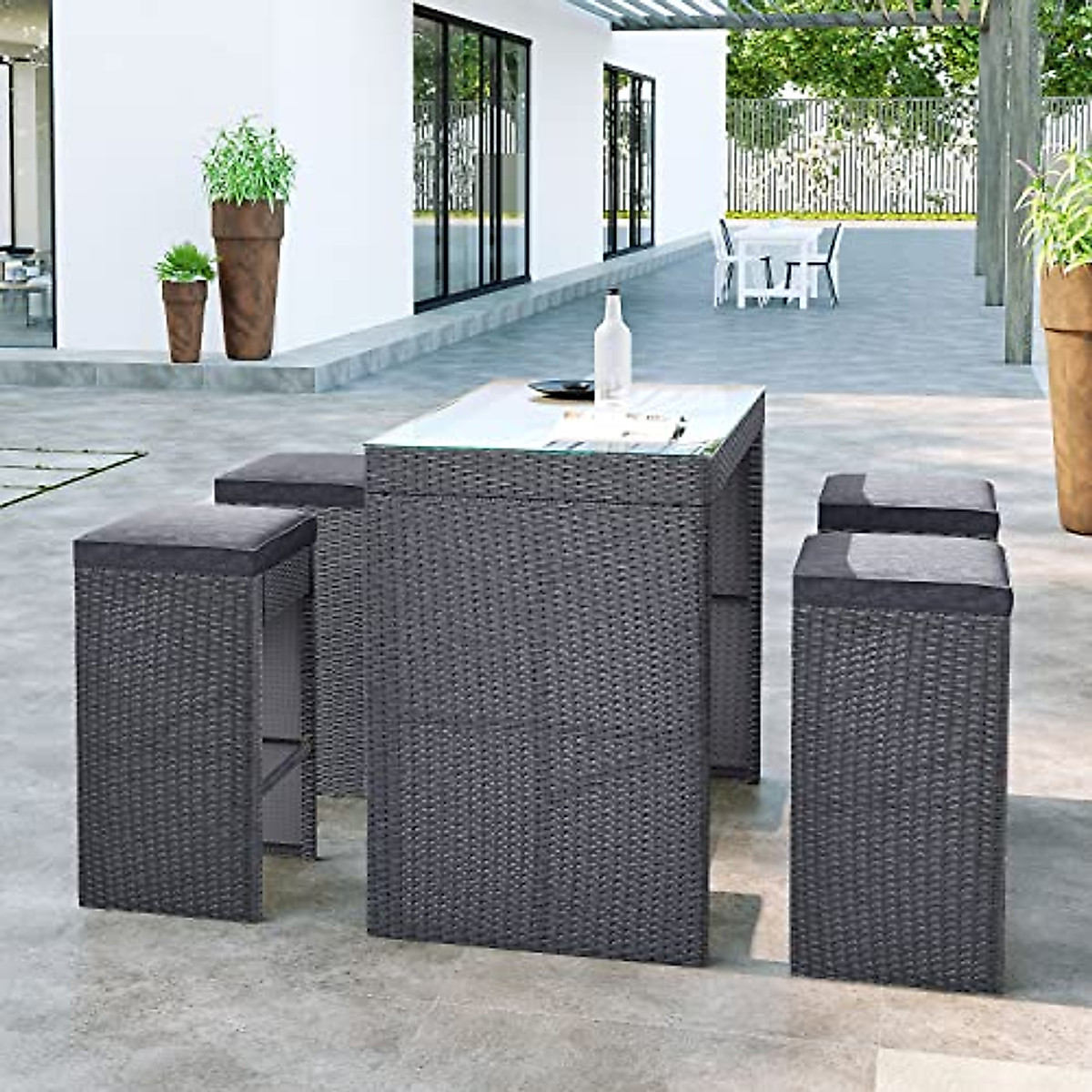 5-Piece Rattan Outdoor Patio Furniture Set Bar Dining Table Set with 4 Stools, Gray Cushion+Gray Wicker