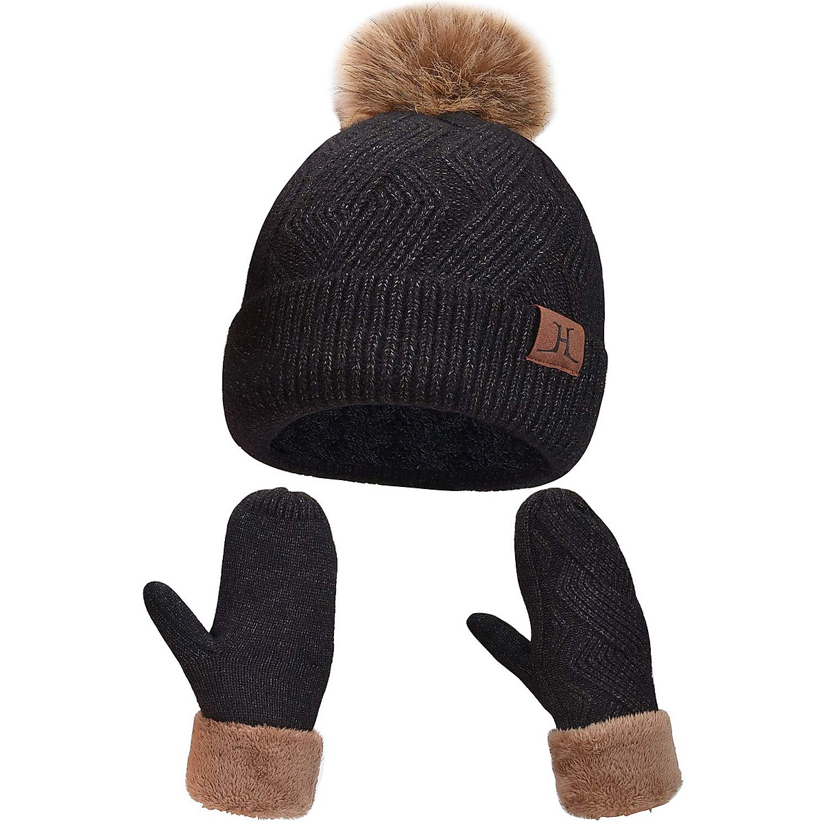 Thick Snow Hat-and-Mittens Set for-Women Black, Warm Faux Fur Pom Pom Beanie-with-Gloves Cute Pompom Ladies Winter Caps