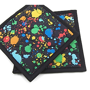 Colorful Hot Pads, Quilted Pot Holders - Color Splatters on Black Set of Two - 8 Inch Square
