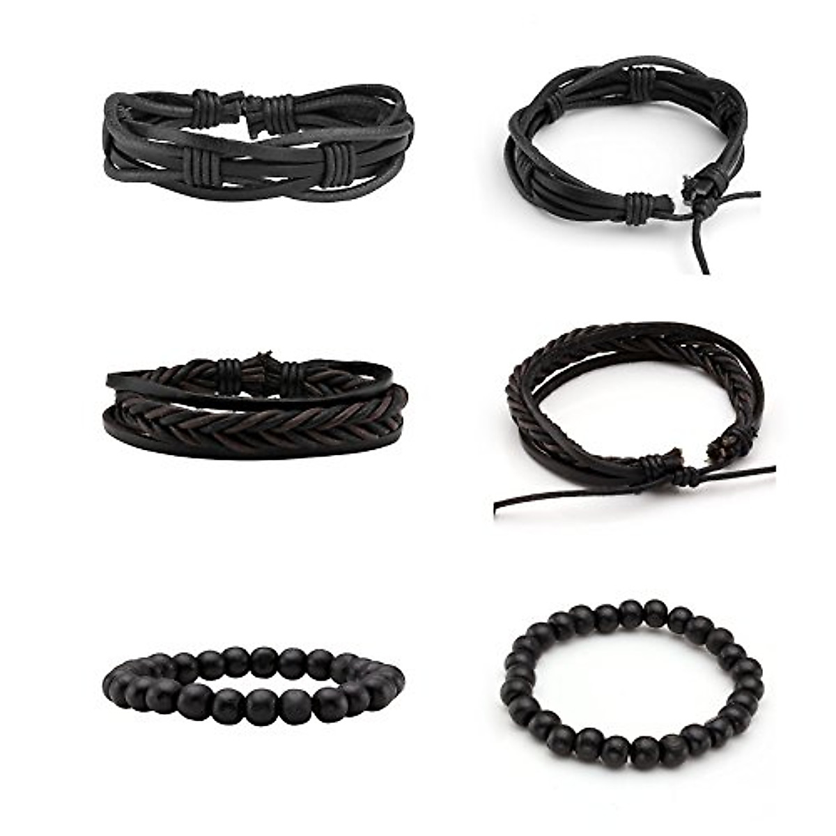 MILAKOO 6 Pcs Black Braided Leather Bracelets for Men Women Cuff Wrap Wristbands