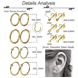 REVOLIA 10Pairs Stainless Steel Cartilage Earrings for Men Women Stud Earrings Ball CZ Tragus Helix Piercing G
