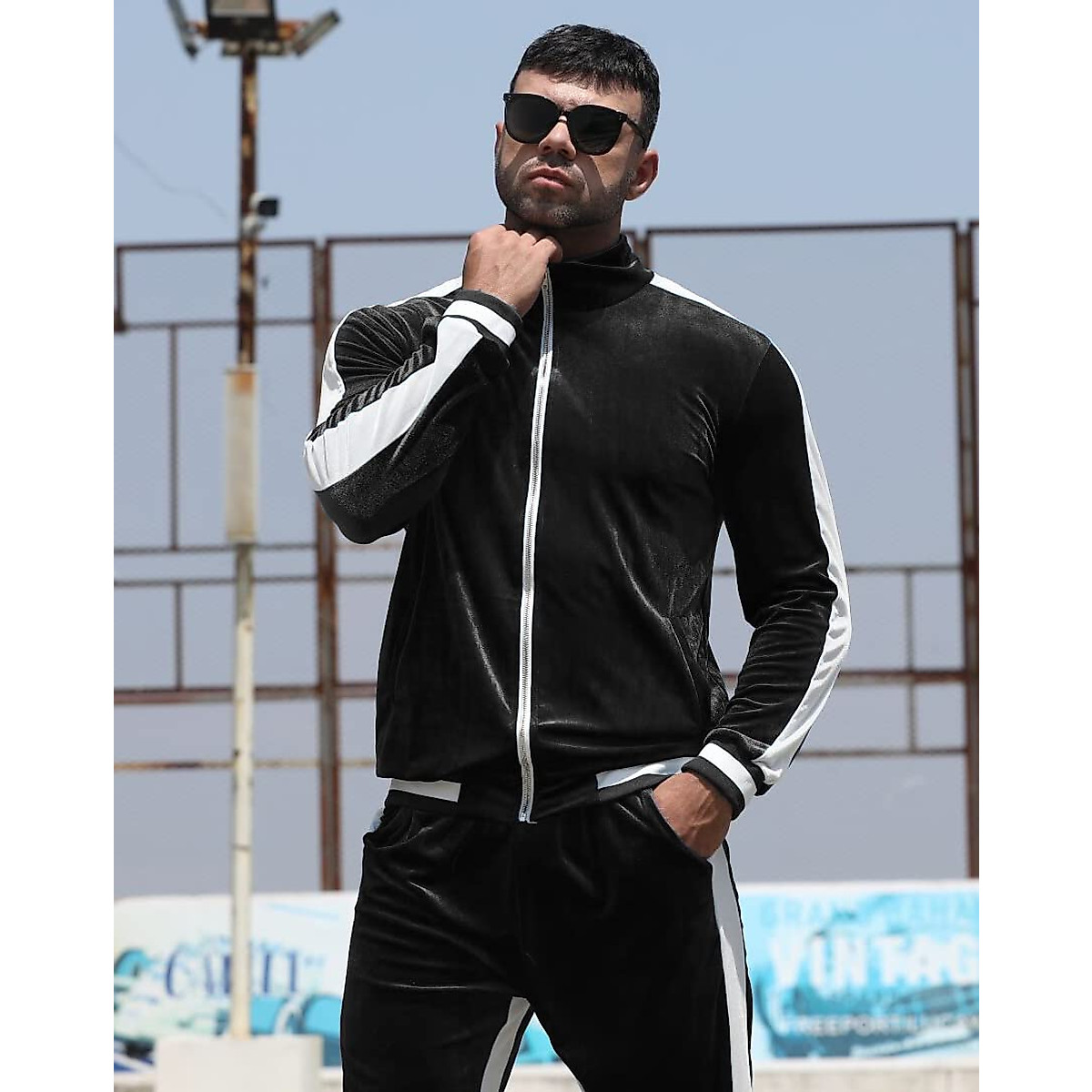 YAOGRO Velour Tracksuit Sweatsuit Set:Men's Jogging Suits Full Zip Casual Jackets Pants 2 piece Outfit Athletic Workout Black