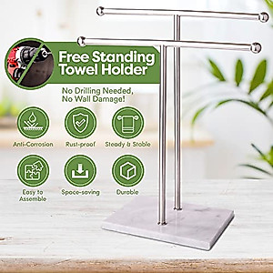 Homeries Marble Hand Towel Holder - Stainless Steel Towel Stand with Round Marble Base - Double T-Shape Hand Towel Valet for Bathroom, Vanity Top Towel Stand, Counter Towel Bar, Jewelry Rack