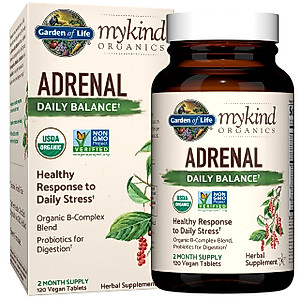 Garden of Life mykind Organics Adrenal Daily Balance, Adaptogenic Herbs Ashwagandha, Holy Basil, B Complex & Probiotics, Organic Non-GMO, Vegan, Gluten Free Supplement, Two Month Supply, 120 Tablets