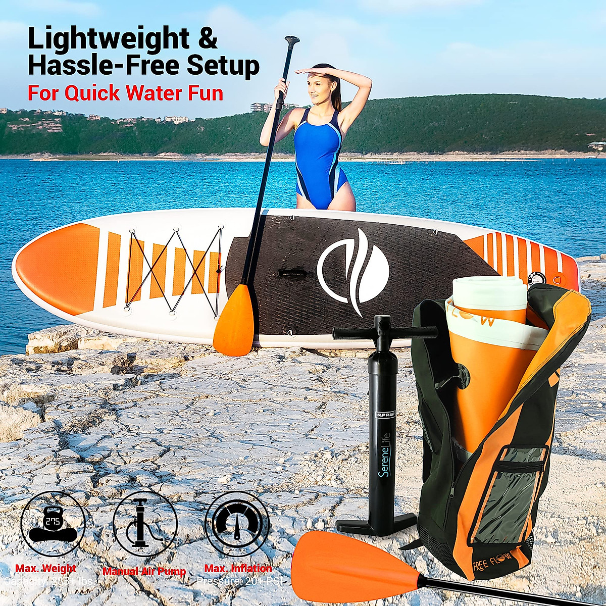 SereneLife Stand up Paddle Board Inflatable - Non-Slip SUP Paddle Board Paddle, Pump, Leash, and Accessories - Fun Water inflatable paddle board for Adults and Youth with Wide Stable Design