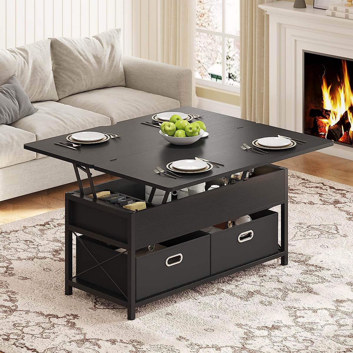 UPOSOJA Lift Top Coffee Table, 4 in 1 Multi-Function Dining Table with Hidden Compartment and 2 Drawers, Convertible Square Center Table for Living Room Reception Home Office(Black)