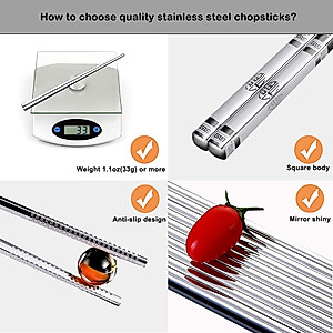 Chopsticks Reusable Metal Chopsticks 304 Stainless Steel Chopstick Set Square Non-slip Dishwasher Safe Premium Quality Lightweight Reusable Chop Sticks Japanese Korean Laser Engraved 10 Pairs Gift Set