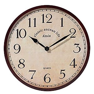 Kesin Wood Wall Clock Silent Non Ticking Round Retro Wall Clocks Large Decorative Battery Operated 13 inches No Glass Cover Analog Vintage Quartz Wall Clock for Living Room, Kitchen, Bedroom,Office