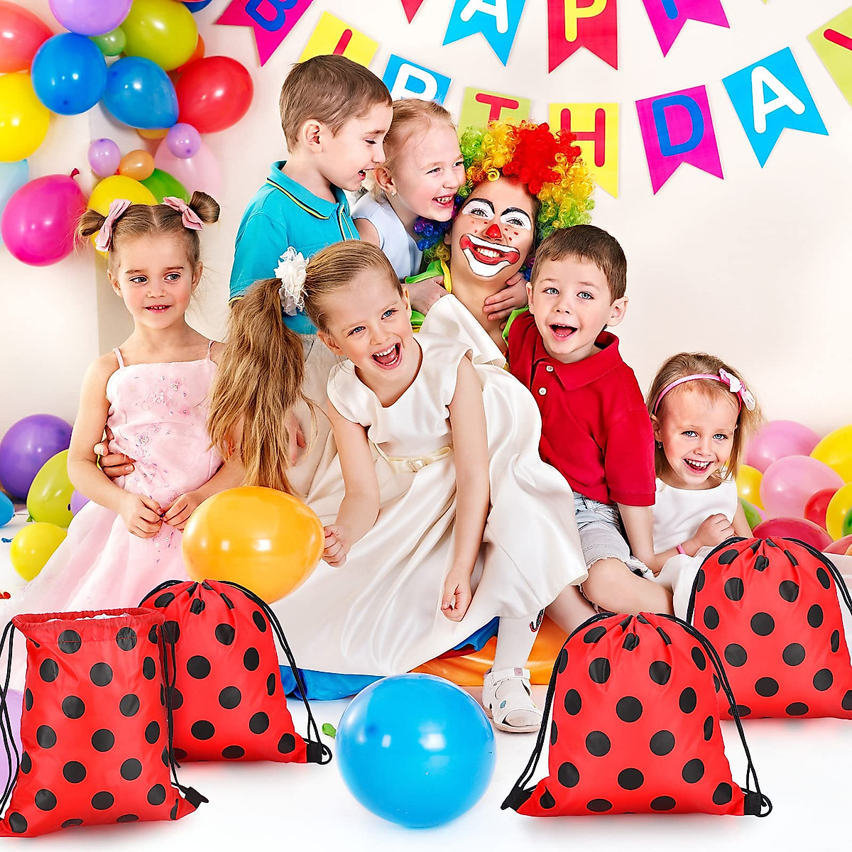 Woanger Ladybug Party Drawstring Bags Ladybug Party Favors Red Black Polka Dots Candy Goodie Gift Bags for Birthday Baby Shower Supplies(16 Pcs)