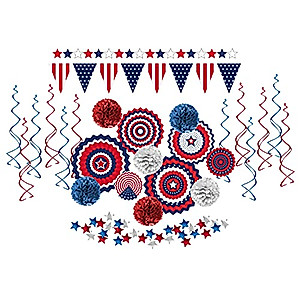 Oojami 29pcs Fourth of July Ultimate Patriotic Decorations Kit Blue Red White Paper Fans Flag Banner Star Streamer Hanging Swirls, Pom Pom, Confetti, Garland | Ideal for Your 4th of July Party