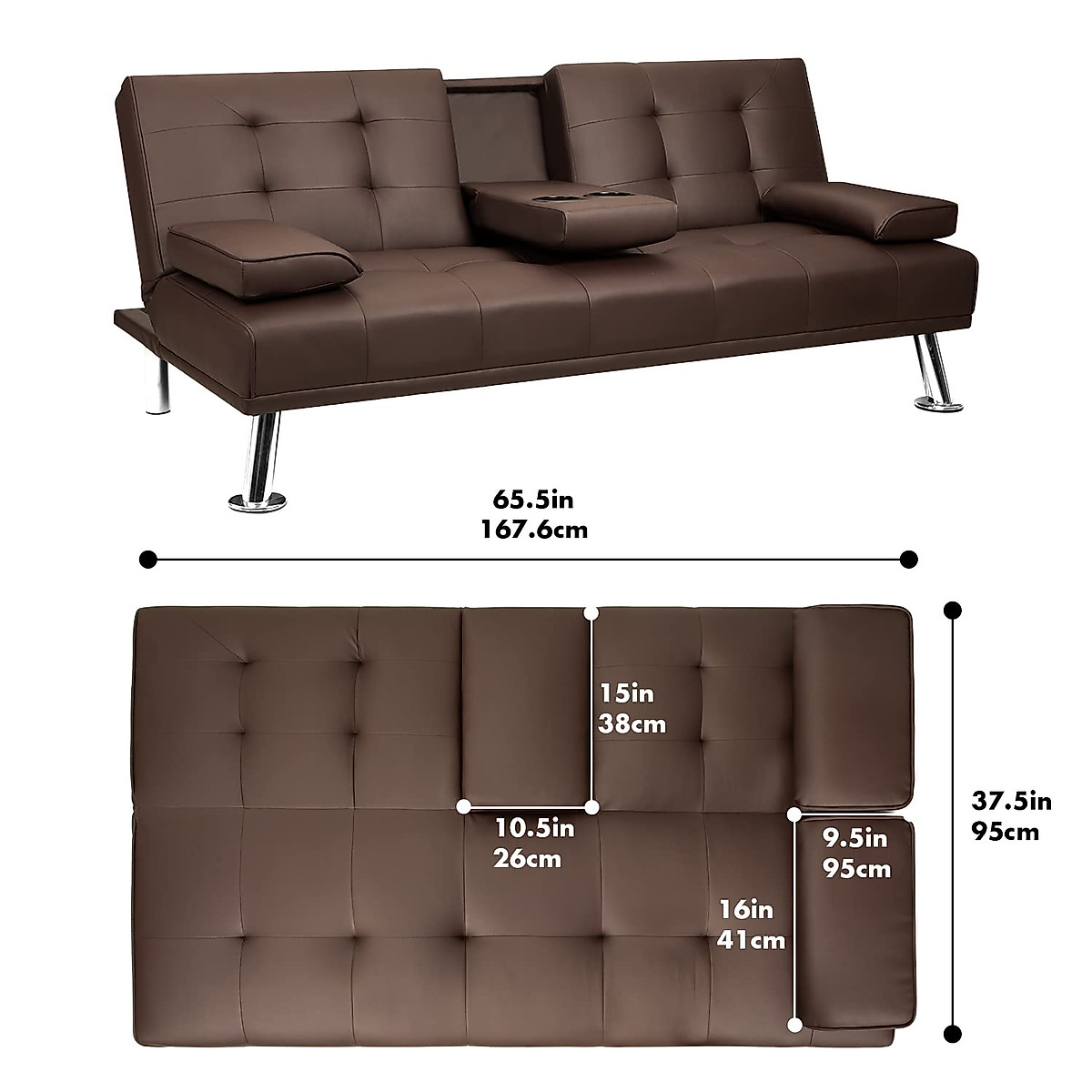 YESHOMY Futon Sofa Bed, Modern Faux Leather Convertible Folding Lounge Couch for Living Room with 2 Cup Holders Removable Soft Armrest and Sturdy Metal Legs, Brown