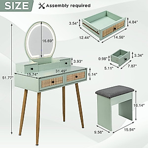 Brafab 31" Boho Natural Rattan Vanity Desk Set with 3 Modes Adjustable Lighted Mirror and Cushioned Stool, Modern Compact Design Makeup Table for Bedroom, Cute Dressing Table for Small Space, Mint